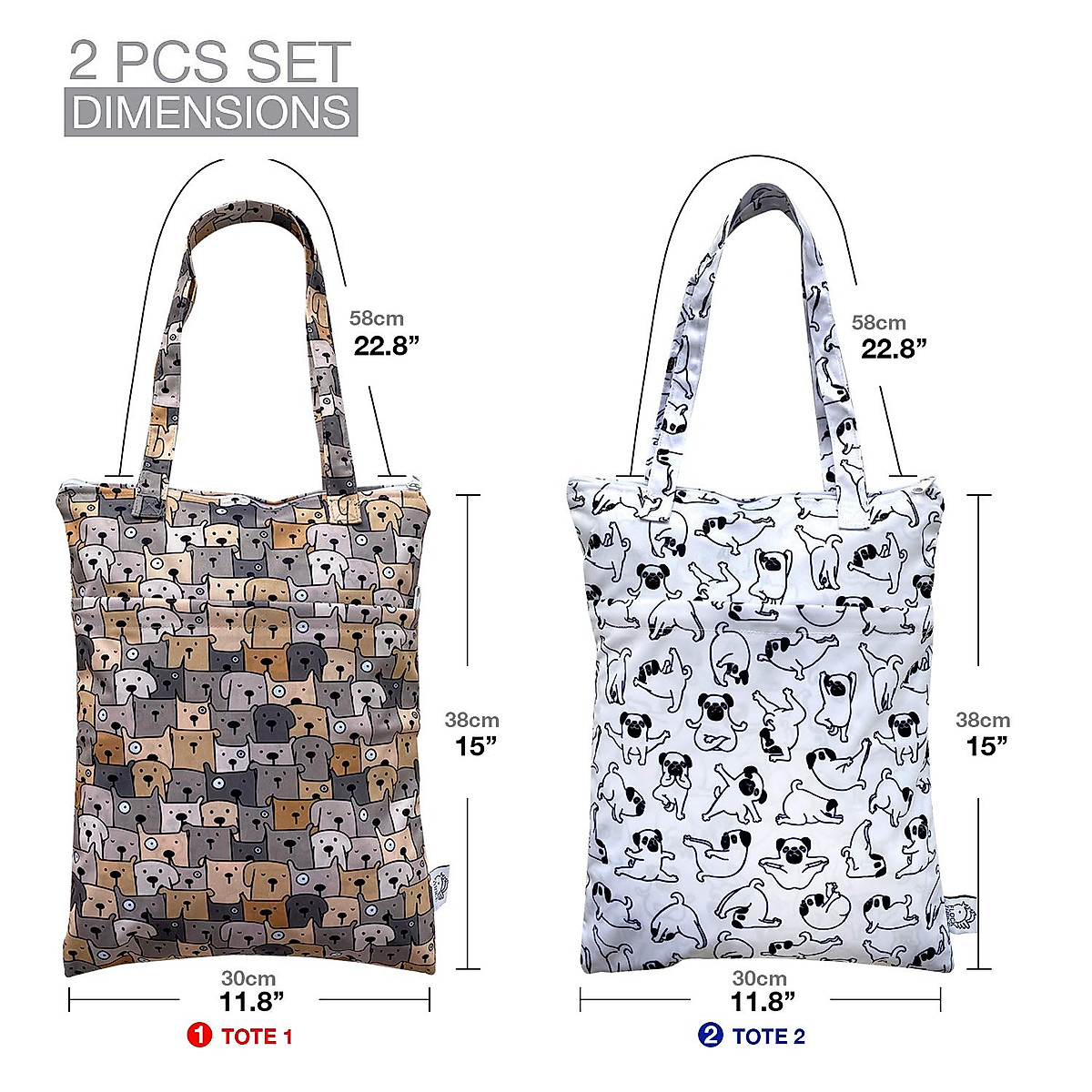 FLOCK THREE 2pcs Wet Dry Bag Waterproof Tote Reusable Wet Clothes Baby Diapers Stroller Swimsuit Travel Small Larger Electronics Toiletries Pouch Cute Dogs