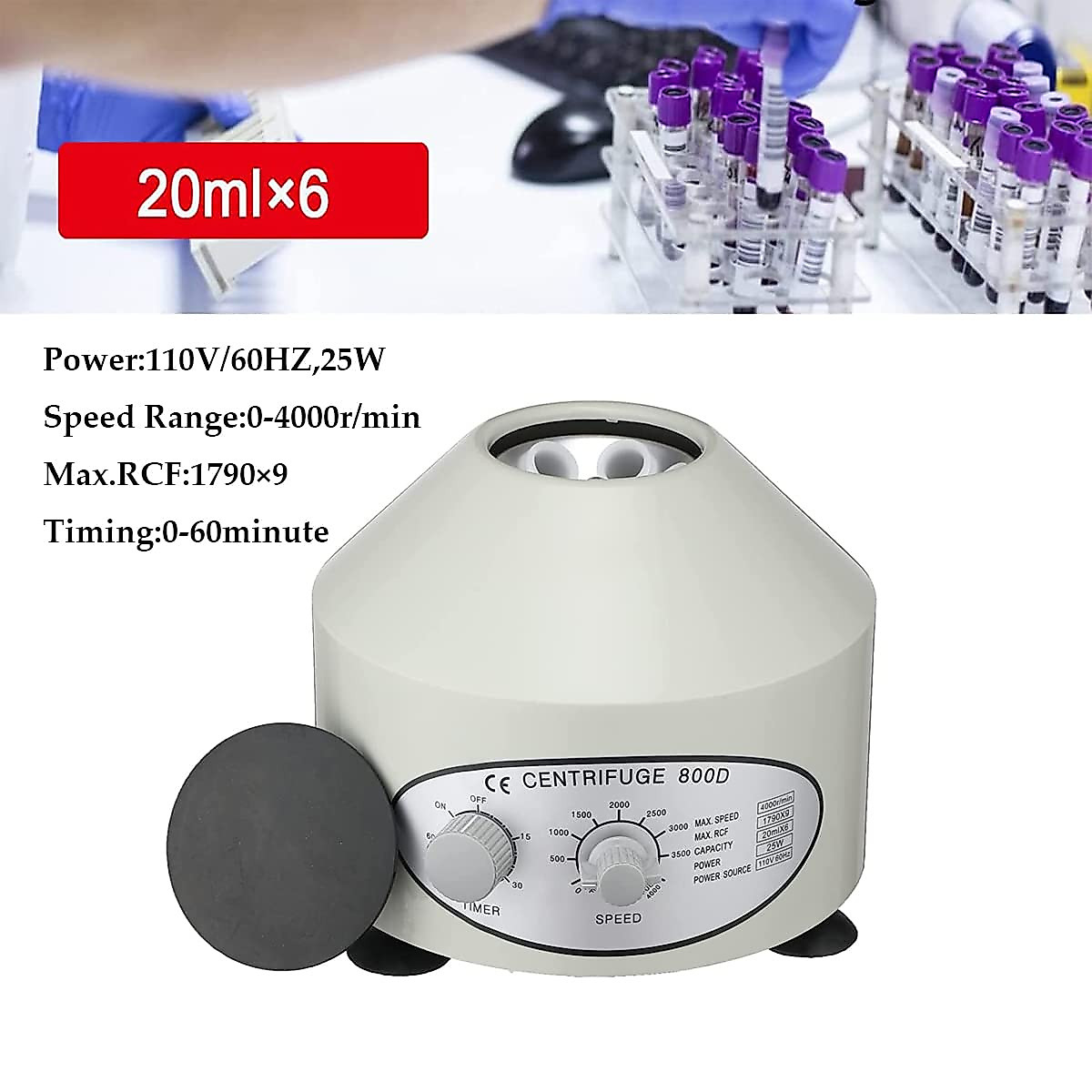 MECCTP Electric Lab Laboratory Centrifuge Machine Lab Medical Practice w/Timer and Speed Control, Max Speed 4000 RPM Capacity 6 x 20ml, Silver, 9.65inch×9inch