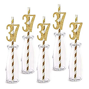 37th Birthday Paper Straw Decor, 24-Pack Real Gold Glitter Cut-Out Numbers Happy 37 Years Party Decorative Straws