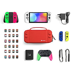 tomtoc Carrying Case for Nintendo SwitchOLED Model, Large Travel Switch Case with Pocket for Pro Controller, Joycon Grip or AC Adapter, Protective Portable Carry Case with 24 Game Cartridges,