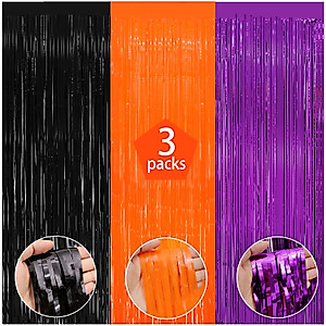3 Pack Halloween Black Orange Tinsel Foil Fringe Curtain 8x9.84 Ft Backdrop Curtain Black and Orange Streamers for Home Outdoor Halloween Party Photo Booth Props Decorations
