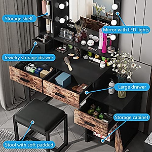 PAKASEPT Makeup Desk with Mirror and Lights, Desk and Chair, Vanity Table Set with Cushioned Stool, Shelves & Drawers, Storage Cabinet for Bedroom, Brown