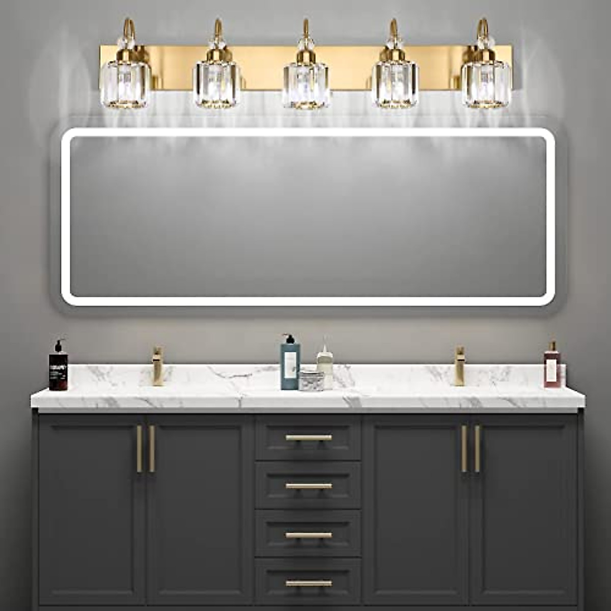 Ralbay Crystal Bathroom Vanity Lights 5-Lights Brass Gold Crystal Bathroom Vanity Lights Over Mirror Modern Crystal Gold Bathroom Wall Lighting Fixtures