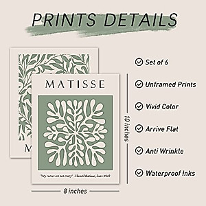 ARPEOTCY Matisse Wall Art Prints, Sage Green Retro Art Posters, Abstract Master Prints for Bedroom Wall Decor Aesthetic, Set of 6, 8x10in , Unframed