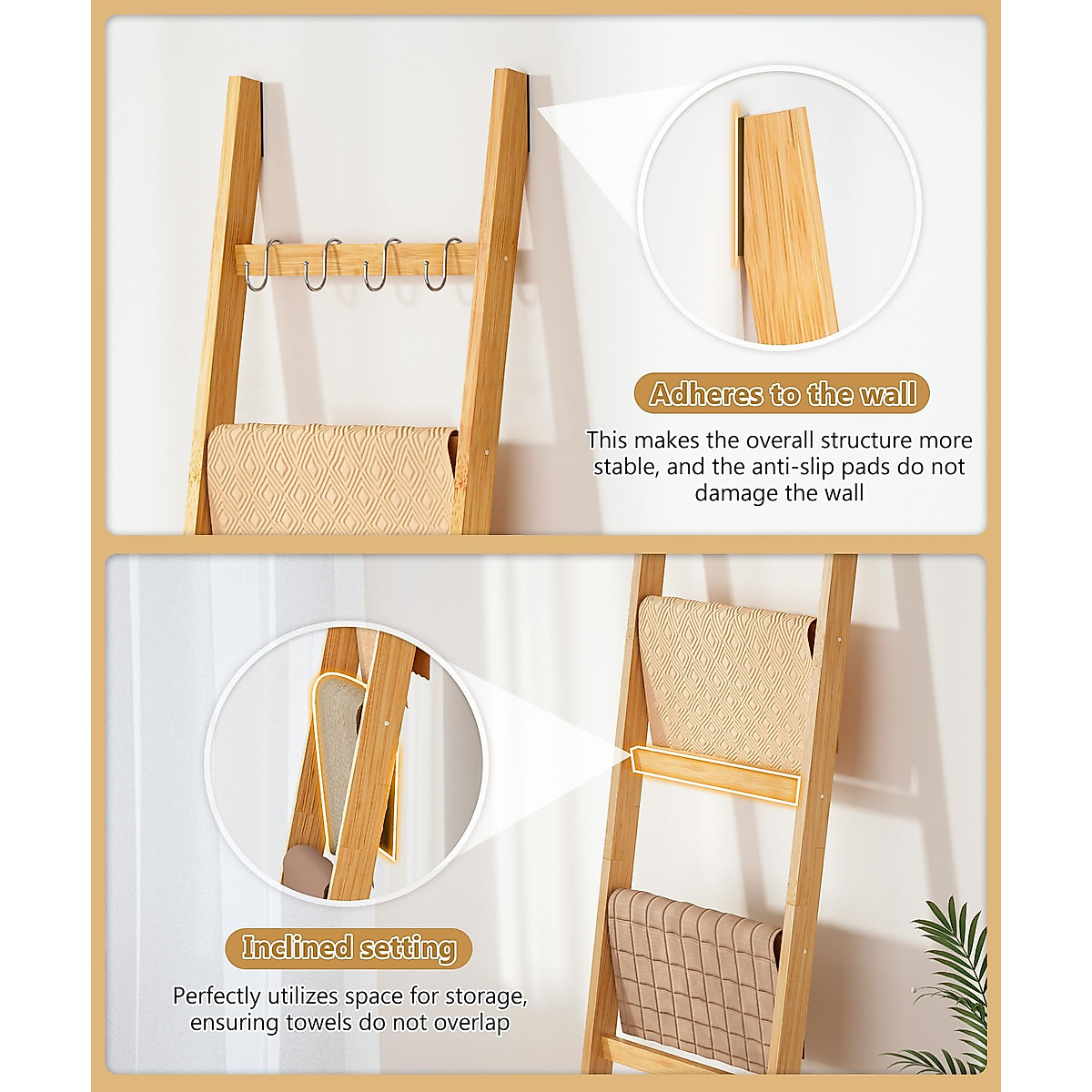 Cozivolife Blanket Ladder 6-Tier,Bamboo Towel Rack with 2 Anti-Tip Straps and 4 Hooks,Ladder Shelf Easy Assembly,Wall-Leaning Blanket Rack,Rustic Decorative Farmhouse Storage (Natural)