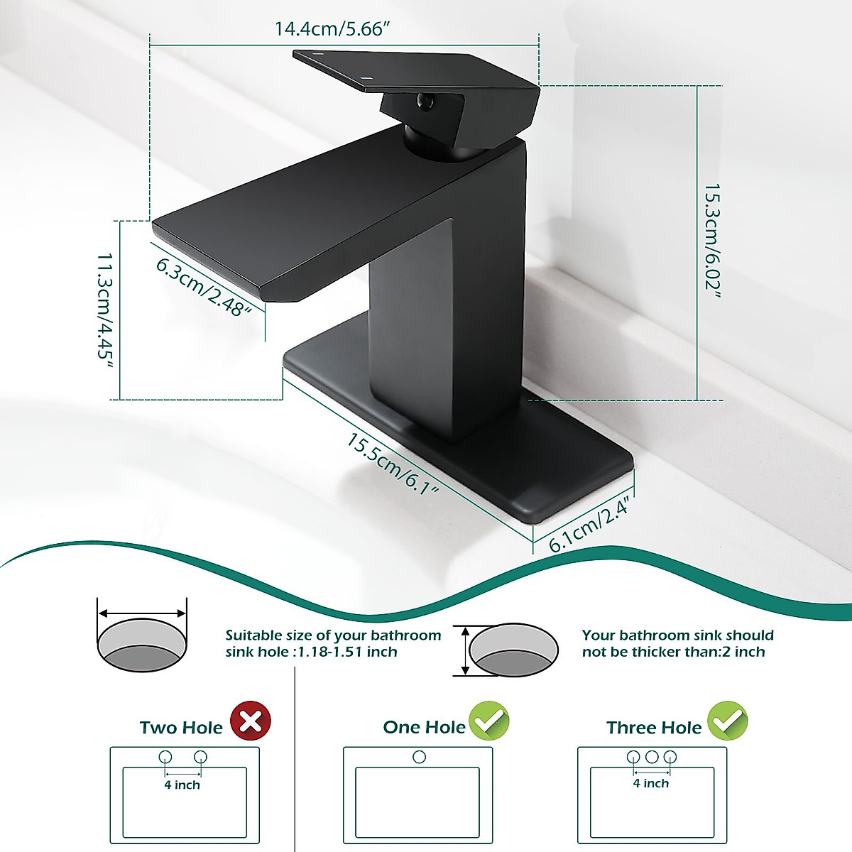 Hoimpro Matte Black Waterfall Single Hole Bathroom Faucet with 6" Deck Plate, Stainless Steel Bathroom Sink Faucet with Pop-up Drain, Rv Vanity Vessel Faucet with Supply Lines, Matte Black
