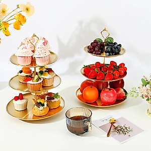 6PCS Gold Cupcake Stand Set, Stainless Steel Dessert Table Display Set, 2PCS 3-Tier Cake Stand, 2PCS Rectangle Serving Tray with Gold Serving Tongs, Candy Cupcake Tower for Wedding Birthday Party