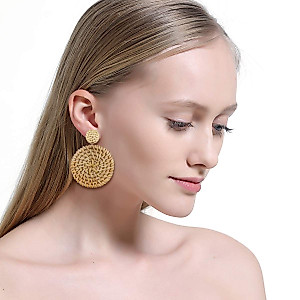 AIDSOTOU Rattan Earrings for Women Lightweight Geometric Statement Earrings Handmade Straw Wicker Braid Teardrop Hoop Drop Dangle Earrings 4 Pairs (Style-4)