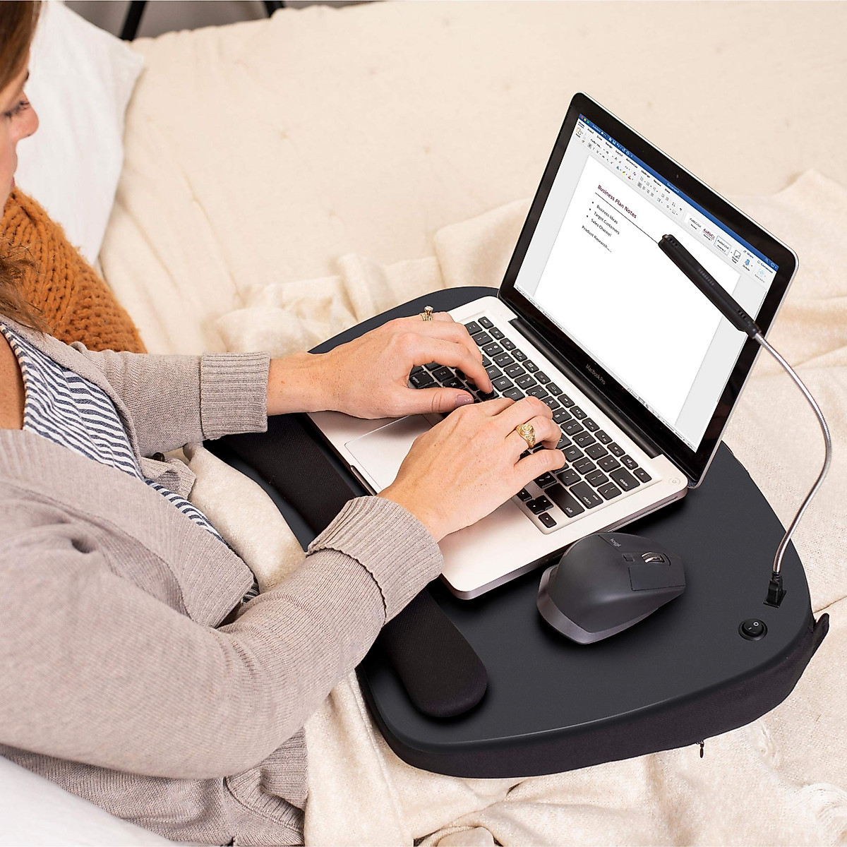 BIRDROCK HOME Oversized Lap Desk with Memory Foam Cushion | Wrist Rest Cushion and USB Light | Fits Laptops Up to 17" | Matte Black | Portable Office Desk | Work from Home