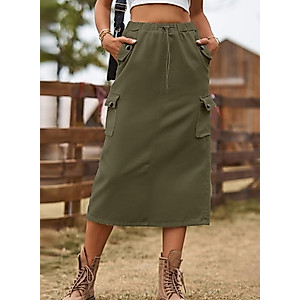 Dokotoo Women's Y2K Drawstring Cargo Midi Skirt Casual Adjustable High Waist Skirt with Pockets Cargo Skirts Work Skirts for Women Green Medium