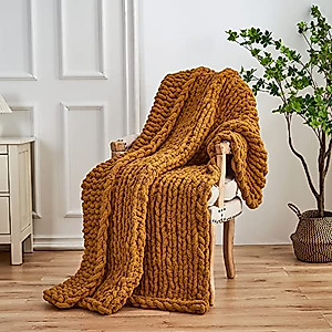 Longhui bedding Handmade Chunky Knit Blankets, Luxurious Chenille Cable Knit Throw Blanket Yarn for Couch Sofa and Bed, Ultra Soft Decorative Burnt Orange Christmas Blanket, Machine Washable 51 x 63
