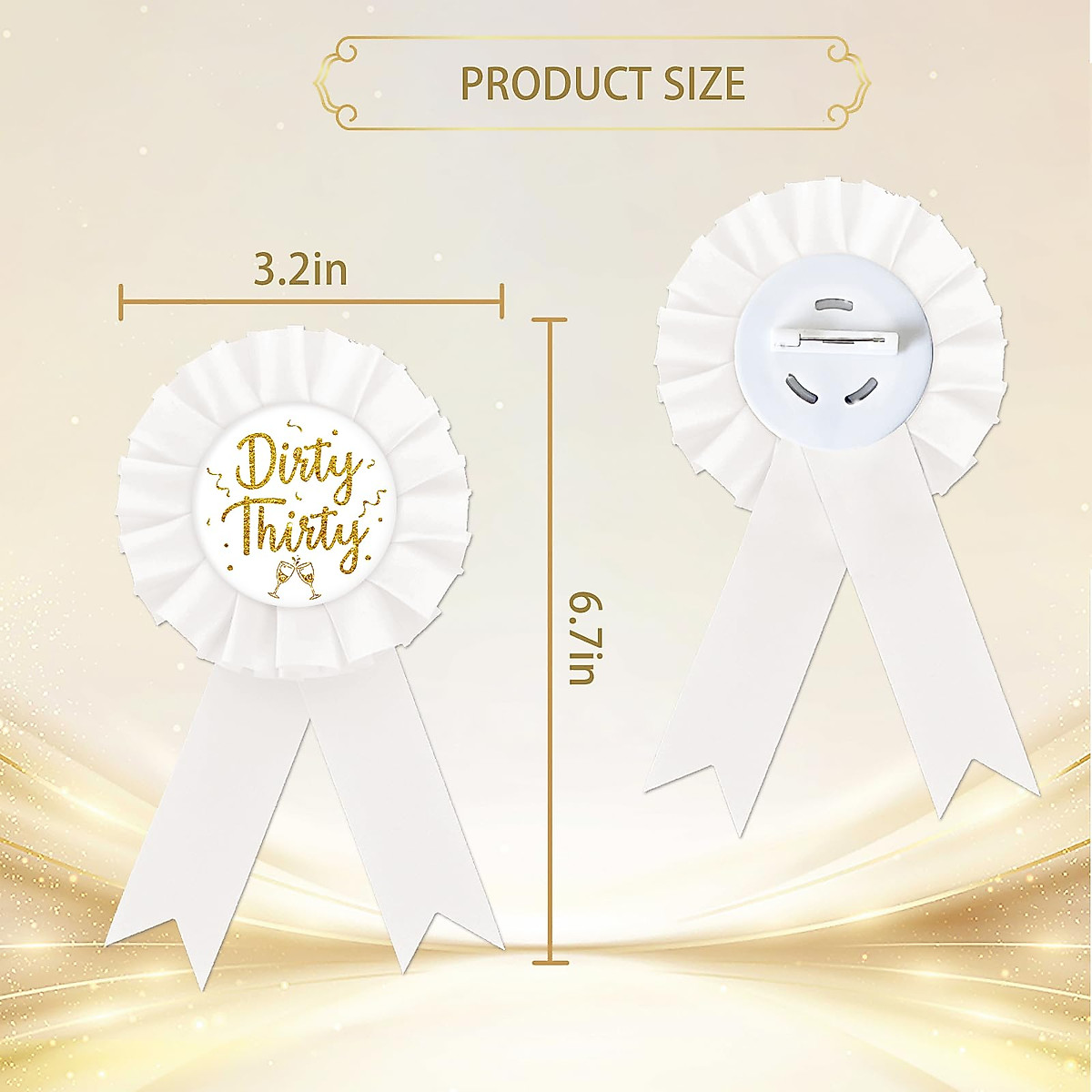 Dirty Thirty Tinplate Badge Pin, White Rosette Happy 30th Birthday Button Pin, Gold Glitter Pin for 30 Years old Birthday Party, Brooch Buttons for Men or Women