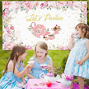 Let's Partea Tea Party Birthday Backdrop Tea Party Banner Decorations Tea Party Picture Background for Baby Shower Birthday Party Decorations Photo Booth (White, 6 x 3.6 ft)