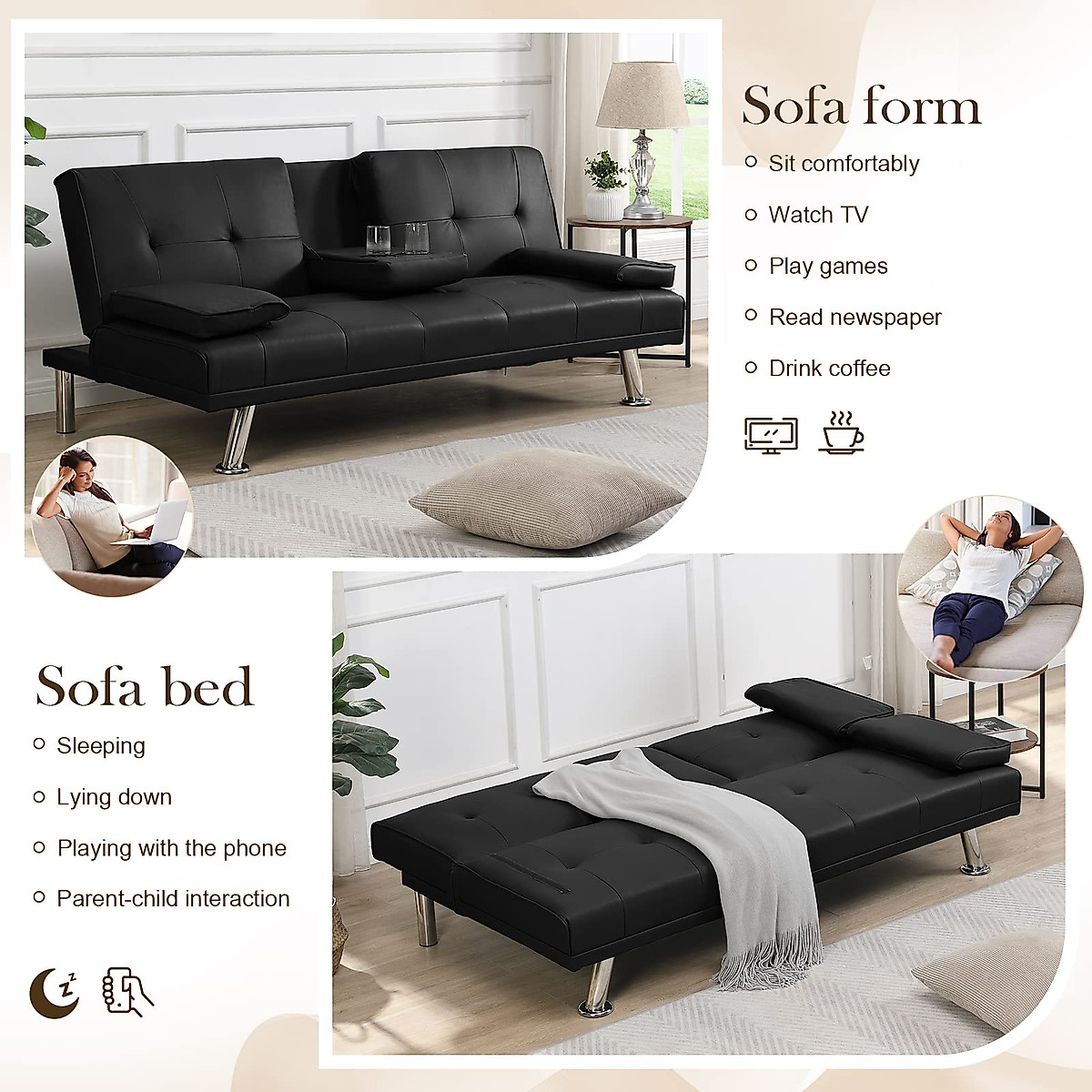 GEEVIVO Futon Sofa Bed, Modern Leather Living Room Sofa, Loveseat Folding Convertible Sofa, Couch Bed Sofa Pull Out with 2 Cup Holders with Armrest in The Middle(Black)