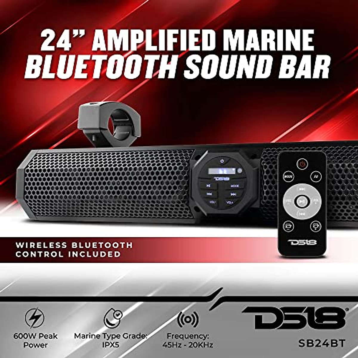 DS18 SB24BT 24" Marine Amplified Power Sports Bluetooth Sound Bar System USB Port IPX5 Rated Weatherproof 600 Watts Peak Power - Ideal for ATV UTV Jeeps Side by Side Marine Golf Car