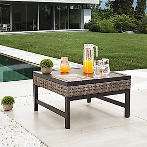 LOKATSE HOME Outdoor Patio Dining Square Bistro Coffee Side Slatted Metal Steel Wicker Frame Aluminum Plastic Plate Furniture End Table for Garden Lawn Poolside, Grey