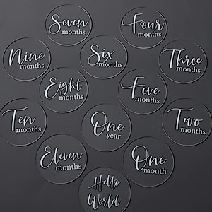 UNIQOOO Acrylic Monthly Baby Milestone Printed Cards, Photo Props, Baby Growth Photography, Round 13 Discs (One Month to One Year & Hello World Card, 4 inches, Clear)