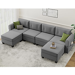 AYEASY Modular Sectional Sofa, U Shaped Sofa Couch with Storage Ottoman Convertible Sectional Couches for Living Room, High Supportive 6 Seats Reversible Sectionals 113'' with Chaise, Grey