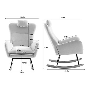 Lepfun 35.5 inch Casual, Soft Teddy Velvet Fabric Rocking Chair for Nursery,Comfy Wingback Glider Rocker with Safe Solid Wood Base for Living Room Bedroom and Balcony,White