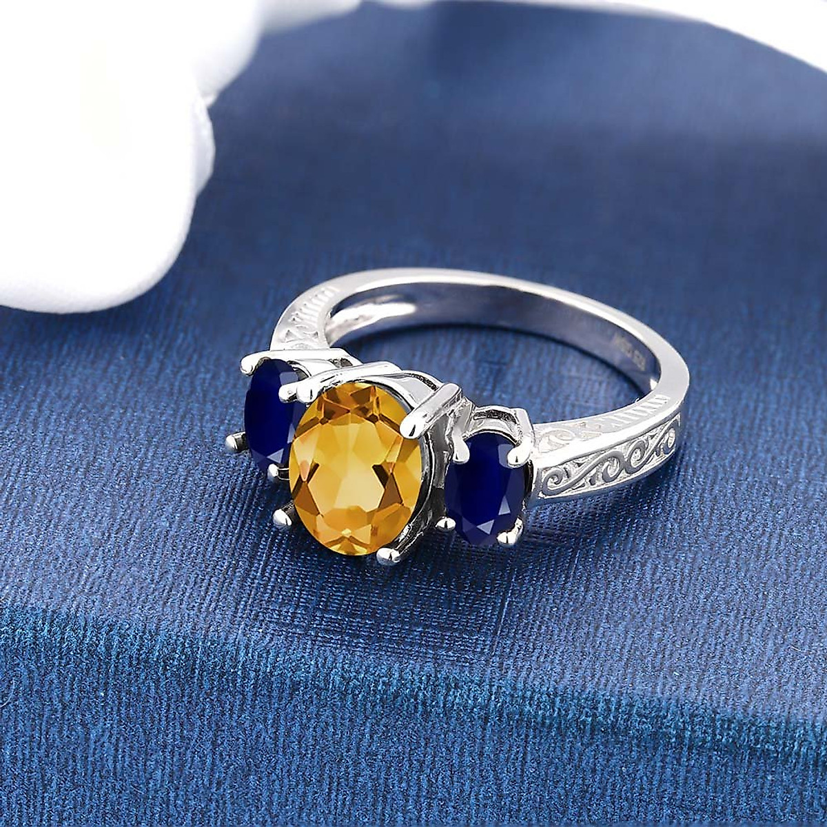 Gem Stone King 925 Sterling Silver Yellow Citrine and Blue Sapphire 3-Stone Engagement Ring For Women | 2.25 Cttw | Gemstone Birthstone | Available In Size 5, 6, 7, 8, 9