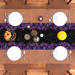 Rvsticty Linen Halloween Table Runner Halloween Gothic Skull Tablecloth Day of The Dead Roses Skull Decor Halloween Decorations and Supplies for Home Kitchen Table-13×72’’