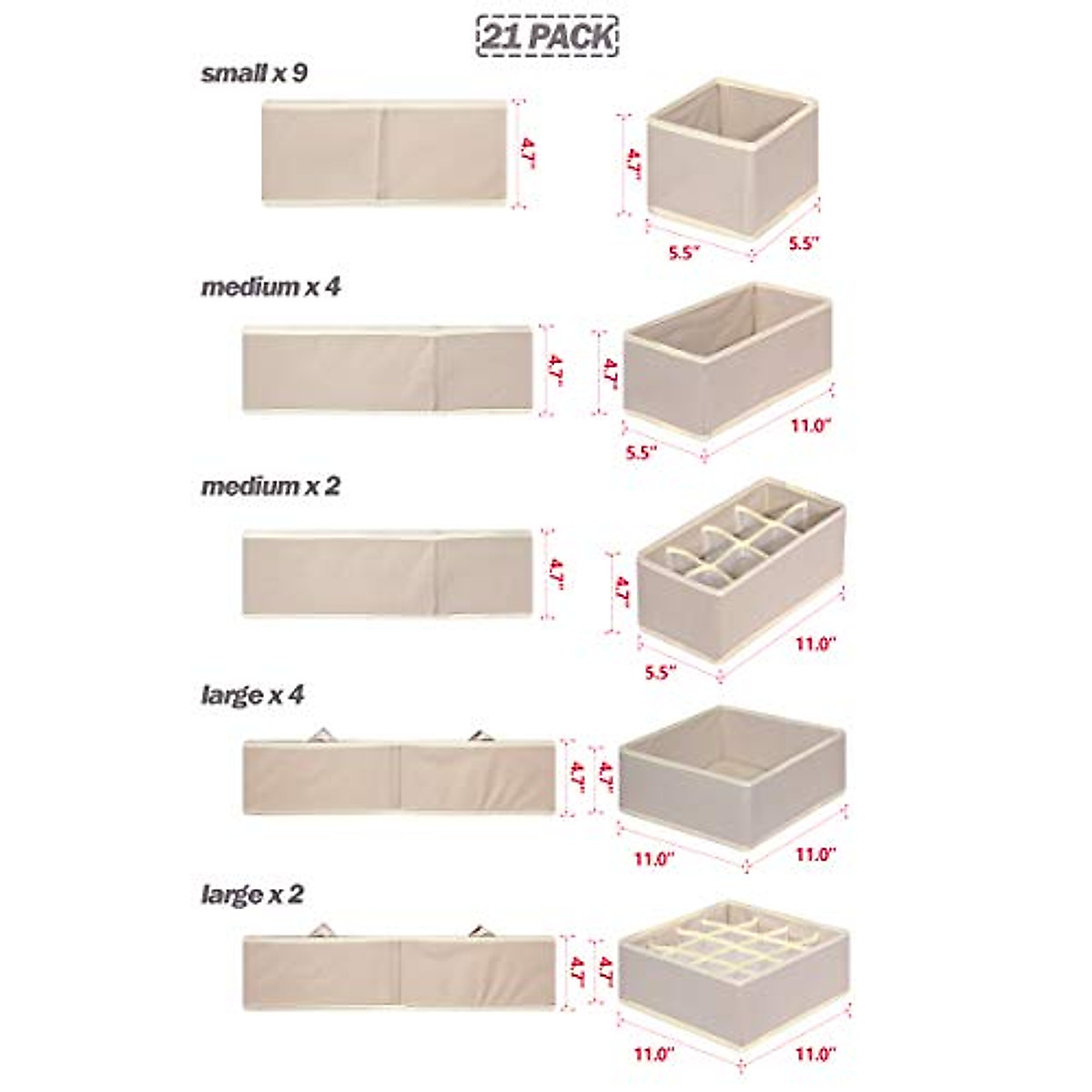 21 Pack Foldable Drawer Organizer Dividers Cloth Storage Box Closet Dresser Organizer Cube Fabric Containers Basket Bins for Underwear Bras Socks Panties Lingeries Nursery Baby Clothes Beige