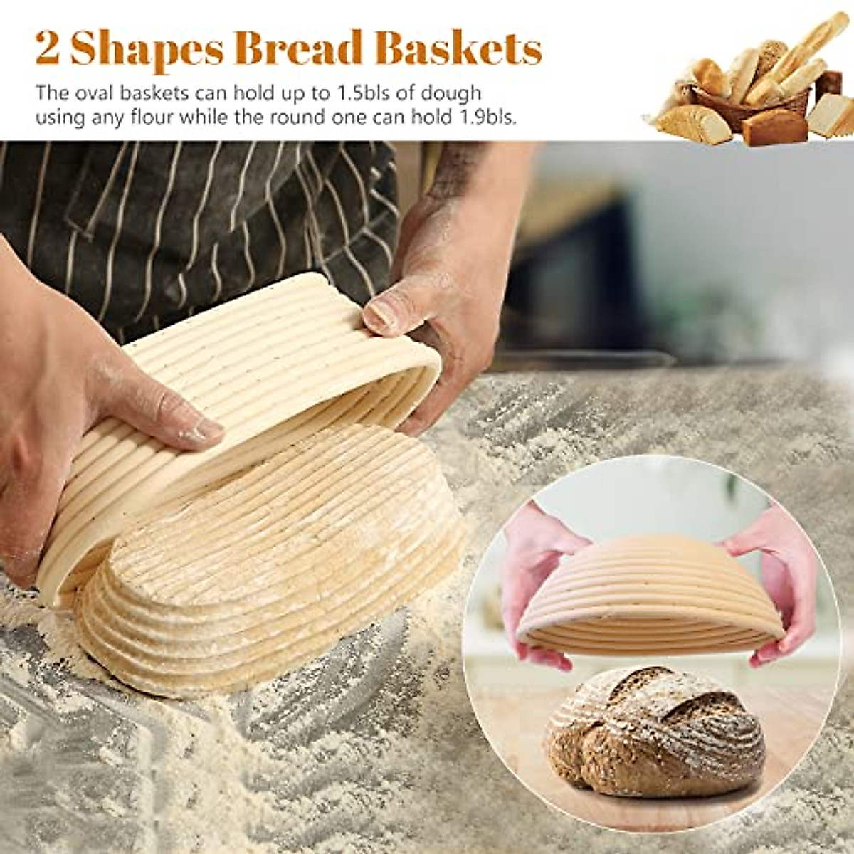 Bread Proofing Basket, ELVASEN 9" Round & 9.8" Oval Bread Making Tools Set of 2 - Bread Making Kit Include Bread Proofing Baskets, Linen Cloth Liner, Scraper, Basting Brush