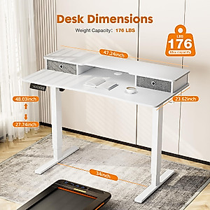 Height Adjustable Electric Standing Desk with Storage Shelf Double Drawer, 48 x 24 Inch Stand up Desk, Sit Stand Desk with Splice Board, Standing Table White Frame/White Desktop for Home Office