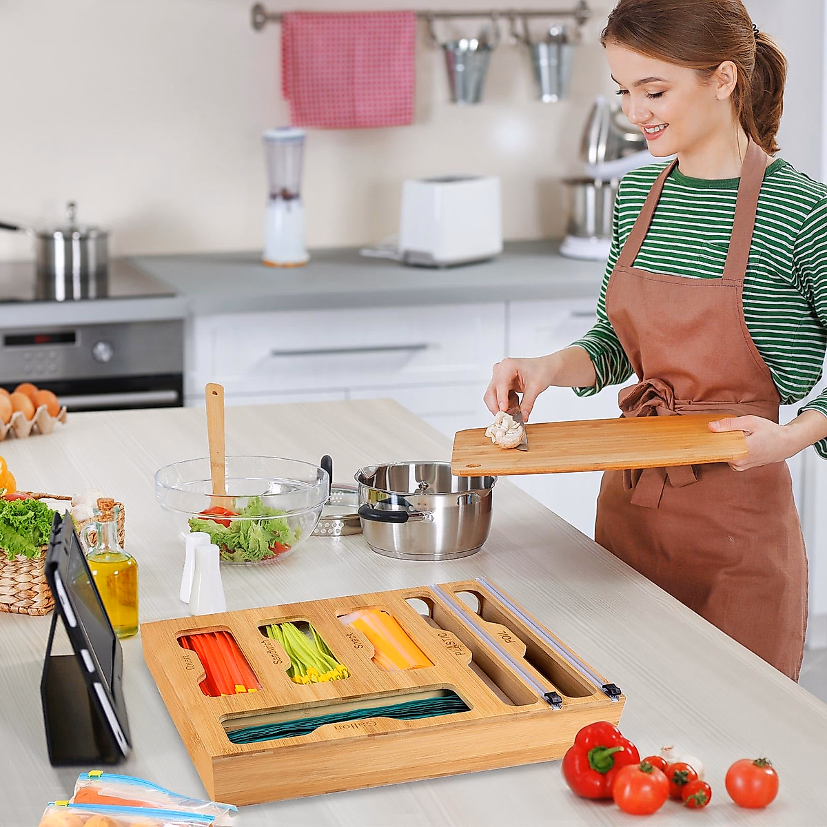 HEROPIE 6 IN1 Bamboo Foil and Plastic Wrap Dispenser with Cutter for Kitchen Drawer, Storage Bag Organizer, Compatible with Gallon, Quart, Sandwich and Snack Variety Size Bags (Bamboo)