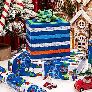 Garbendy Blue Christmas Wrapping Paper Roll - Cute Snowman pattern & Reindeer Printed in Blue Paper & Colorful Stripes in the Back for Christmas, Holiday, Party