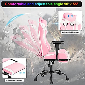 Gaming Chair Massage Office Chair PC Computer Chair Ergonomic Video Game Chairs PU Leather Recliner with Lumbar Support Headrest Armrest Footrest Rolling Swivel Desk Chair for Adults Teen, Pink