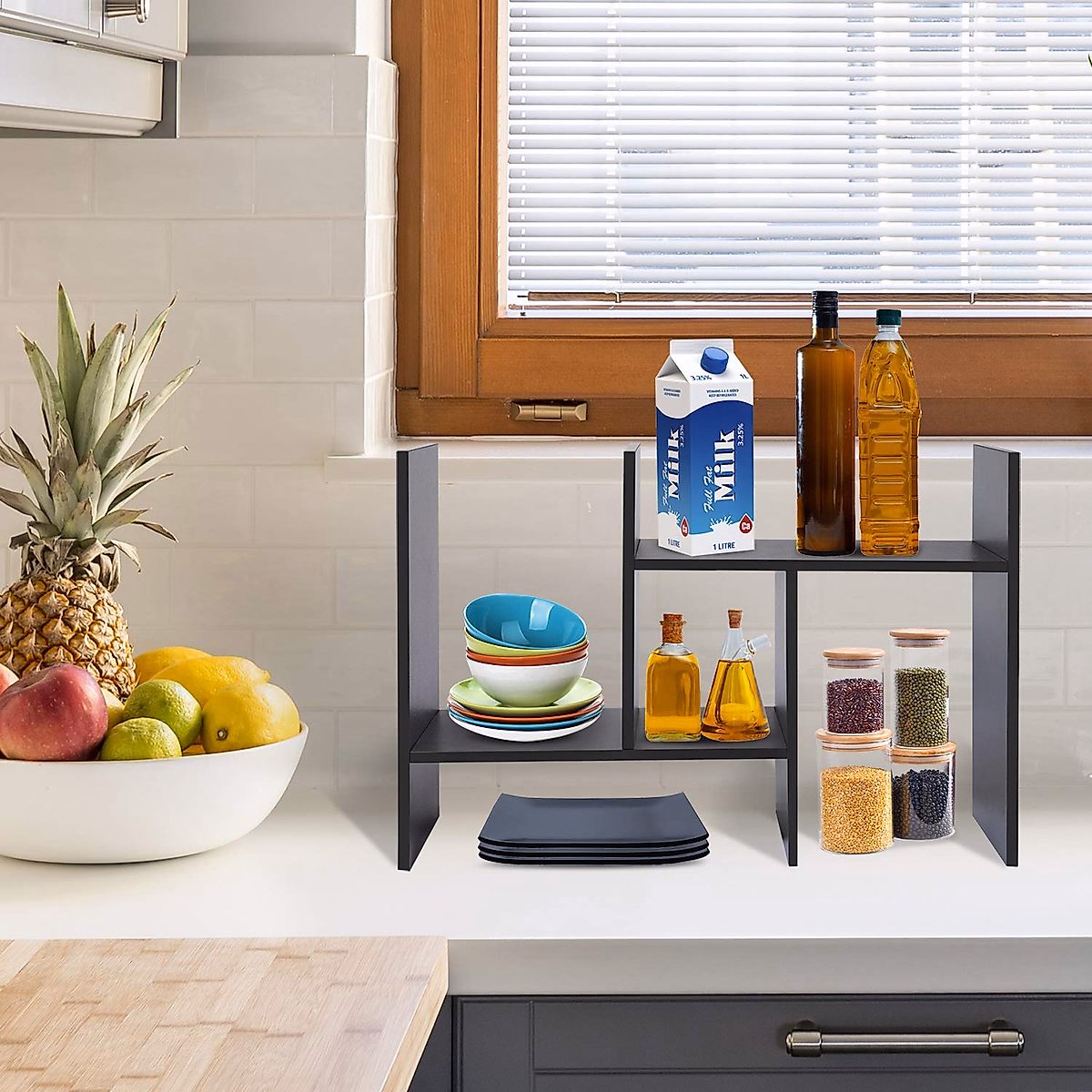 Hossejoy Desktop Organizer Office Storage Rack Adjustable Wood Desk Organizer Display Shelf, Countertop Bookcase Desktop Bookshelf- Free Style Double H Display, Black