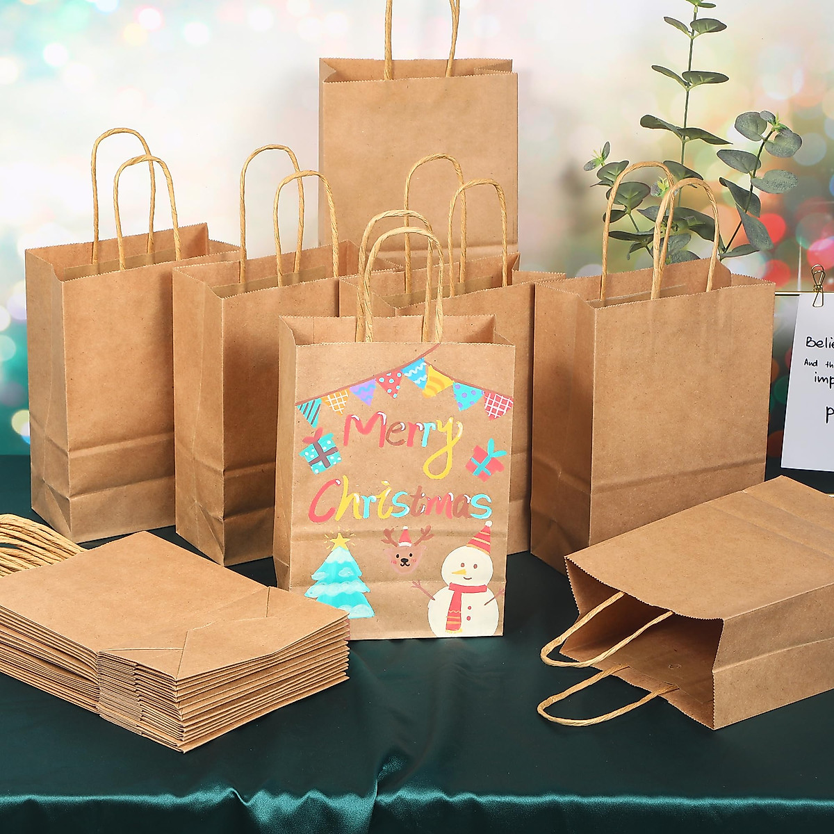 miikoul 200 Pieces 8.27"x5.9"x3.15" Brown Paper Bags with Handles, Gift Bags Bulk for Small Business, Shopping Bags, Wedding Party Favor Bags, Halloween Treat Bags for Birthday Party, Goody Craft