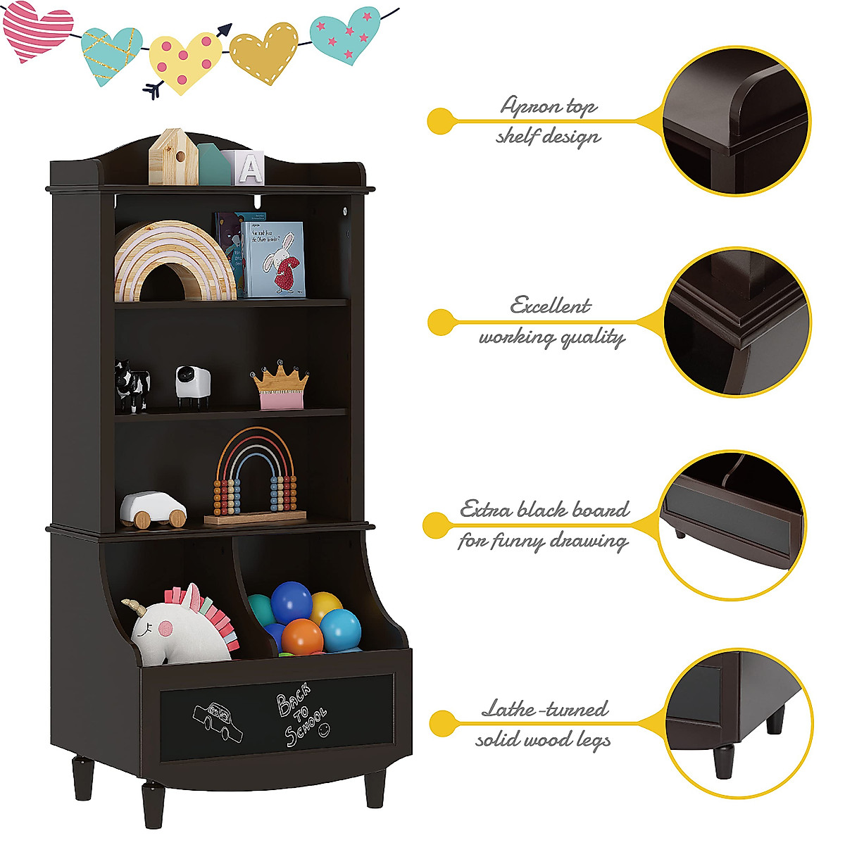 UTEX Kids Toy Storage, Kids Bookshelf and Toy Organizer Cabinet, Kids Bookcase with Blackboard and Cubbies, Open Kids Bookshelves Display Stand for Toddlers, Espresso