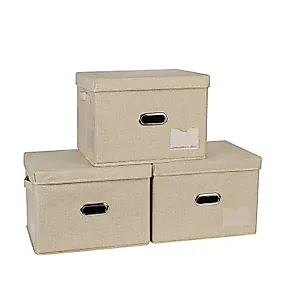Foldable Storage Boxes with Lids Linen Fabric Collapsible Clothing Bin Organizer Baskets Containers with Carry Handles Transparent Slot Design for Home Bedroom Office Kids Room (Khaki, 3 Pack)