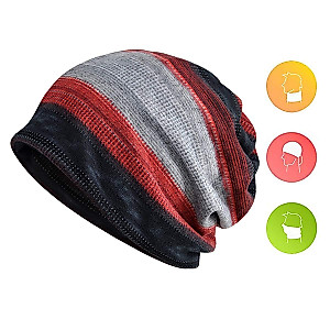 Zando Unisex Soft Beanie Cap Striped Slouchy Chemo Hat Travel Scarf Turban Cozy Skull Cap Lightweight Stretch Sleep Hat for Men Women Blue & Red & Camel Blue One Size