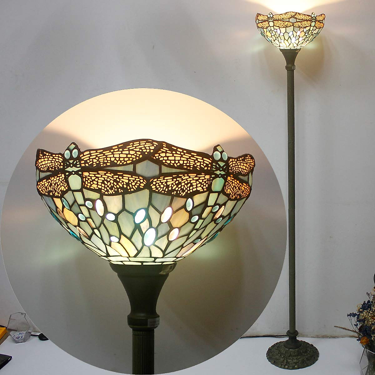 WERFACTORY Tiffany Floor Lamp Sea Blue Stained Glass Dragonfly Light 12X12X66 Inches Pole Torchiere Standing Corner Torch Uplight Decor Bedroom Living Room Home Office S147 Series
