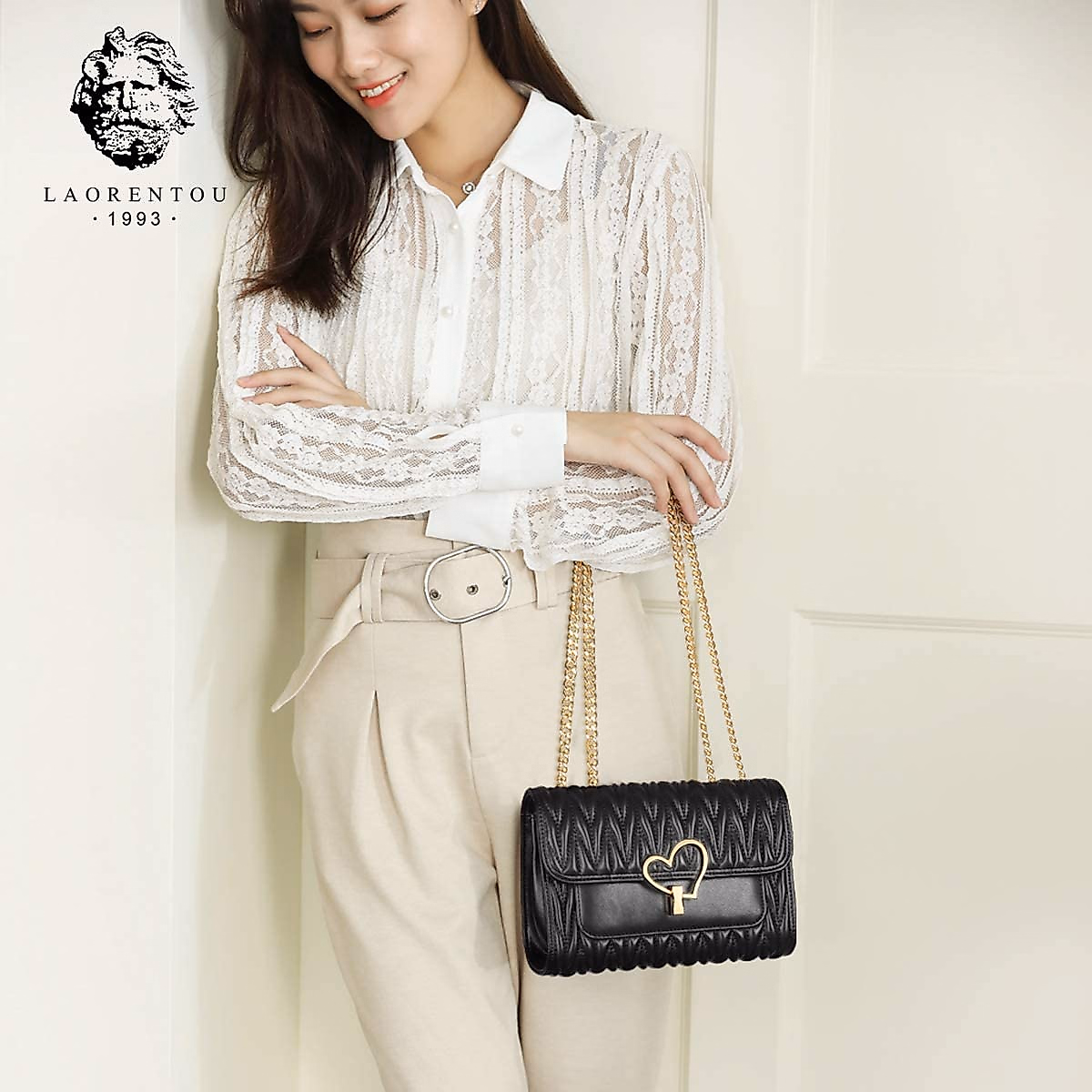 LAORENTOU Cowhide Shoulder Bag for Women Leather Small Satchel Crossbody Bag Quilted Purses With Chain Strap