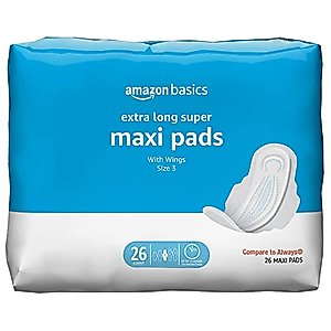 Amazon Basics Thick Maxi Pads with Flexi-Wings for Periods, Extra Long Length, Super Absorbency, Unscented, Size 3, 26 Count, 1 Pack (Previously Solimo)