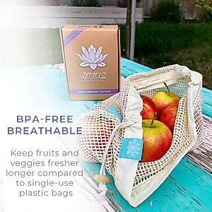 Lotus Sustainables Premium 100% Organic Cotton Reusable Produce Bags | Eco-Friendly Mesh Produce Bags For Groceries | Machine Washable Vegetable/Fruit Bag | Set of 5