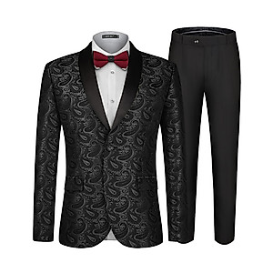 MAGE MALE Men's 2 Piece Floral Tuxedo Suit Paisley Shawl Lapel One Button Slim Fit Single Breasted Suit Jacket Pants Set Black