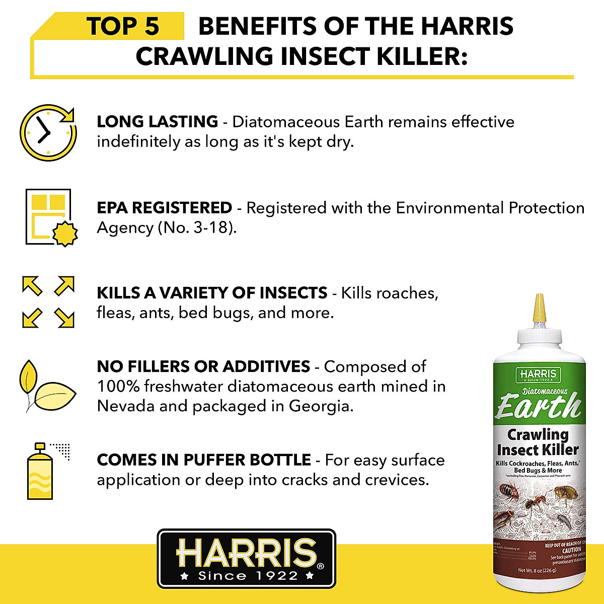 Harris Diatomaceous Earth Crawling Insect Killer, 8oz for Roaches, Fleas, Ants, Bed Bugs, and More…