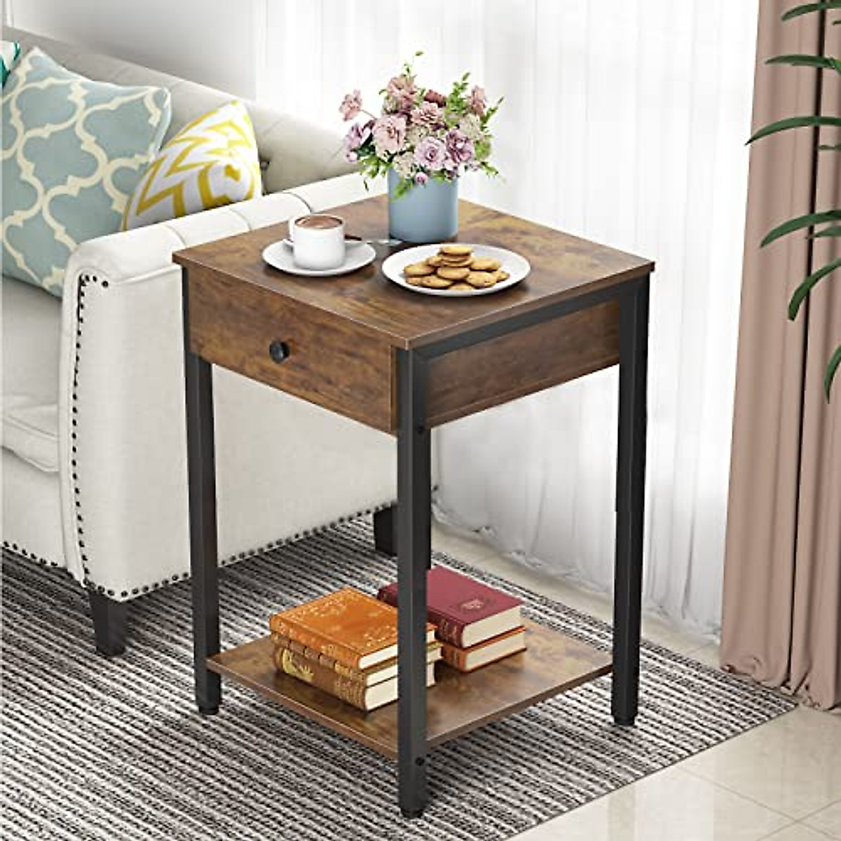 Ecoprsio Nightstand Set of 2 Industrial End Table Side Table with Drawer and Storage Shelf Wood Night Stand Rustic Bedside Table for Bedroom, Living Room, Sofa Couch, Hall, Easy Assembly
