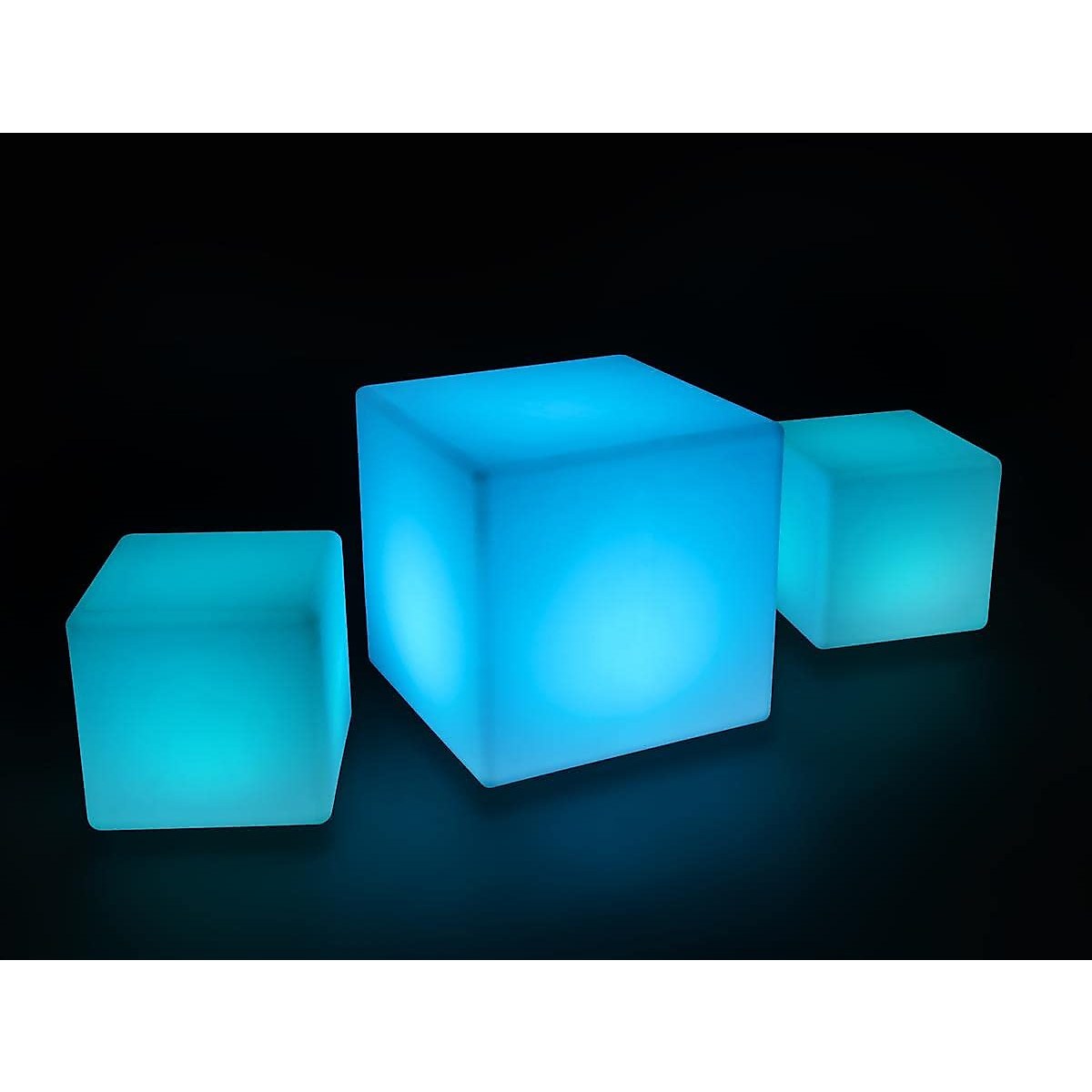 Displays2go Illuminated LED Pub Table Set w/ 2 Cube Stools, 16 Color Options - White (FDLEDSET2)