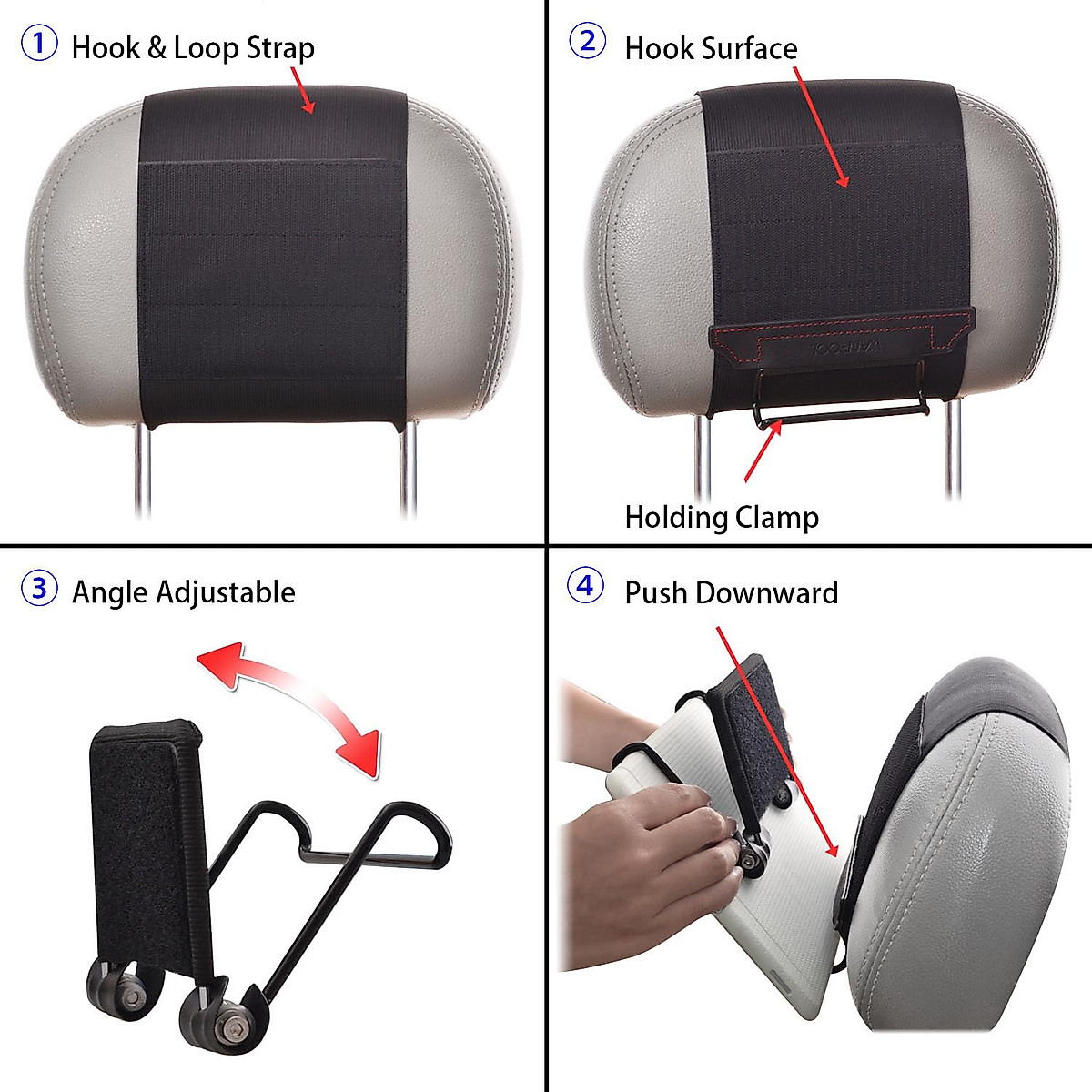 WANPOOL Universal Car Headrest Mount Holder with Angle-Adjustable Clamp - for Use with iPads, Galaxy Tablets and More