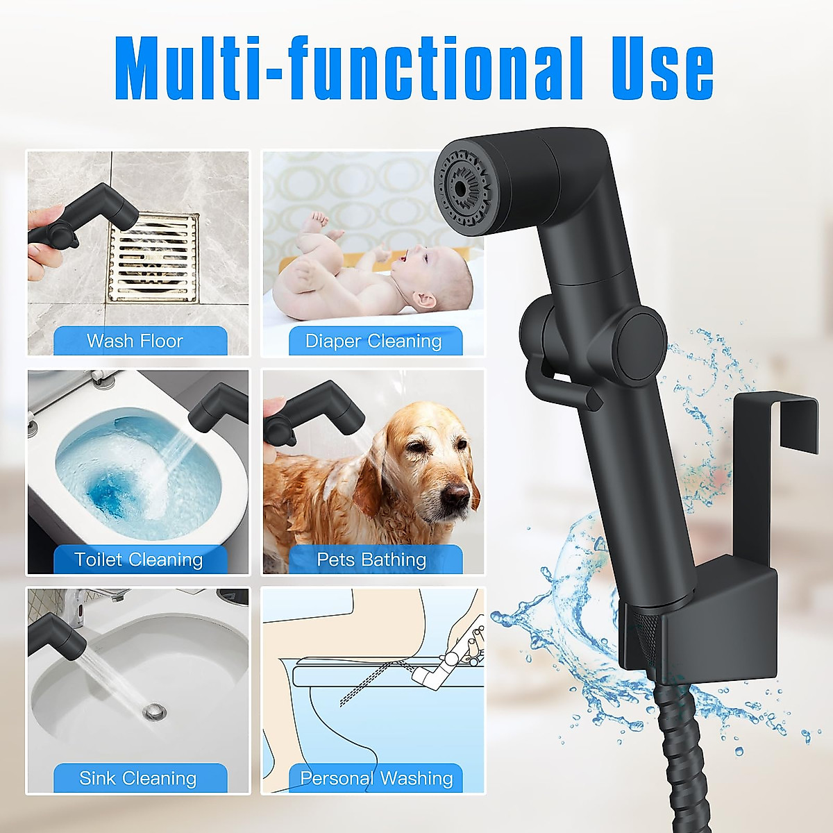 JONKEAN Handheld Bidet Sprayer for Toilet, Water Pressure Control Jet Spray for Toilet, Multi-Function Muslim Shower Toilet, Bidet Attachment Set with Hose, Bracket and T-Valve (Matte Black)