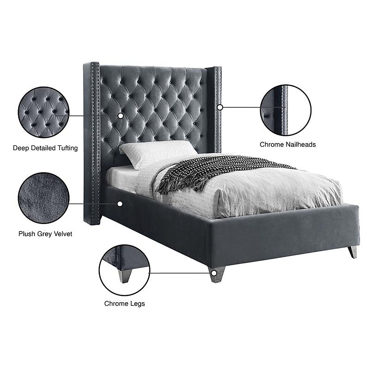 Meridian Furniture Aiden Collection Modern | Contemporary Velvet Upholstered Bed with Deep Button Tufting, Solid Wood Frame, and Custom Chrome Legs, Twin, Grey
