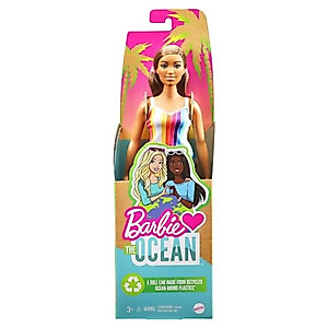 Barbie Loves the Ocean Doll with Brown Hair, Colorful Dress & Accessories, Doll & Clothes Made From Recycled Plastics