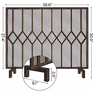 AMAGABELI GARDEN & HOME Decorative Fireplace Screen for Wood Burning Fireplace Stove Wrought Iron Flat Single Panel Stand Alone Cover, Fire Spark Guard Safety Mesh Modern Indoor Outdoor Brass Bronze
