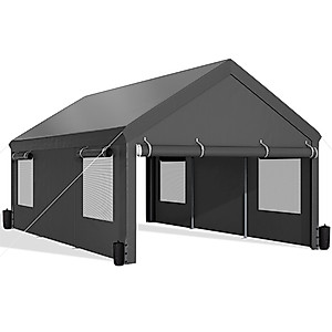 JAMFLY Carport, 12x20 ft Heavy Duty Carport Canopy with Roll-up Windows, Portable Garage with Removable Sidewalls & Doors, Car Canopy with All-Season Tarp for Car, Truck, Boat